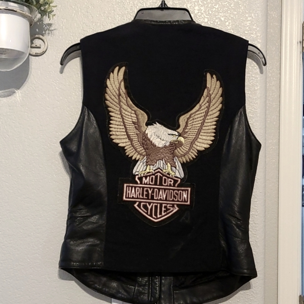 Harley Davidson Leather Vest Eagle Patch Metal Womens… - Gem
